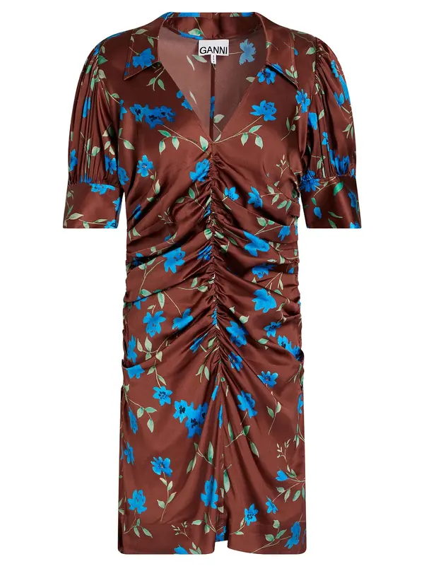GANNI Ruched Floral-print Mini Dress - Brown