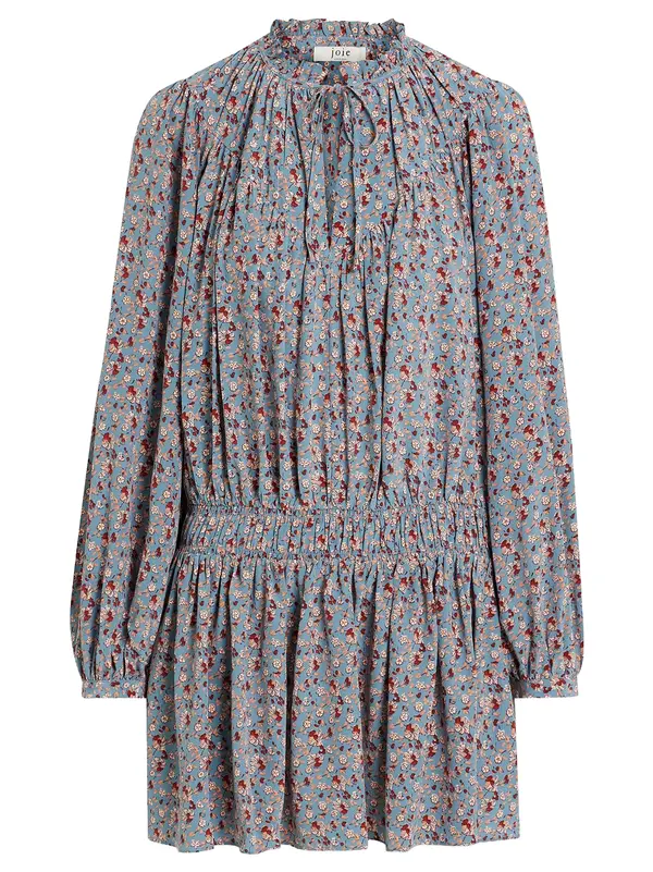 Joie Essex Shirred Floral-print Mini Dress - Slate Blue
