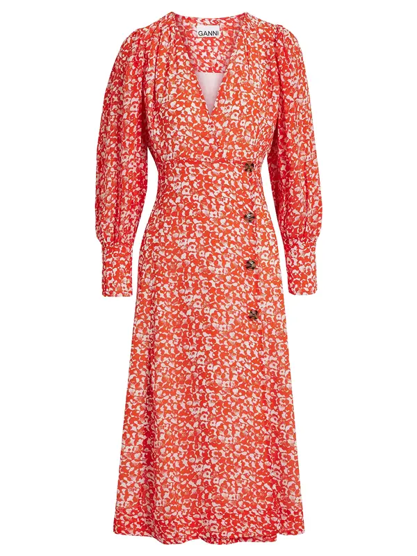 GANNI Printed Crepe Midi Dress - Orange