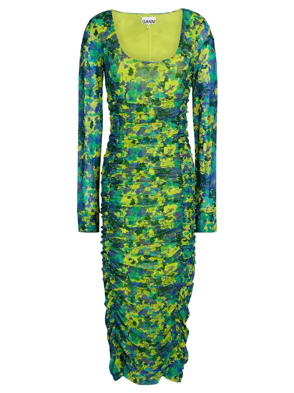 GANNI Printed Stretch-mesh Midi Dress - Lime Green