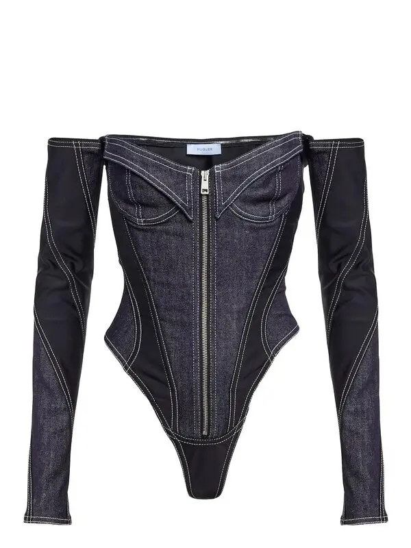 MUGLER Denim Bodysuit - Blue
