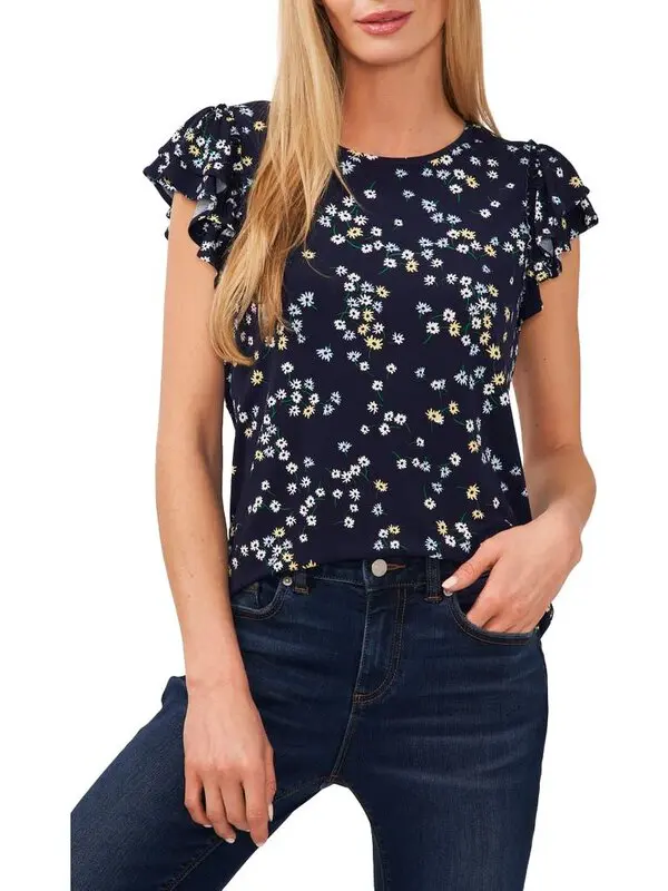 CECE DUPRAZ Floral Print Ruffle Sleeve Top - Navy J