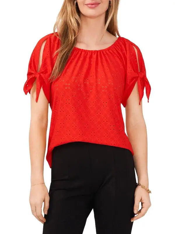 Chaus Cold Shoulder Knit Eyelet Top - Cherry Red