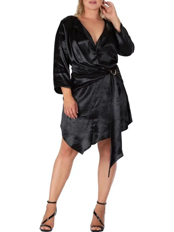STANDARDS & PRACTICES Long Sleeve Asymmetric Satin Dress - Black