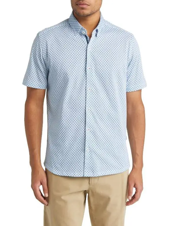 Stone Rose Dry Touch® Performance Geometric Print Short Sleeve Button-up Shirt - Turquoise