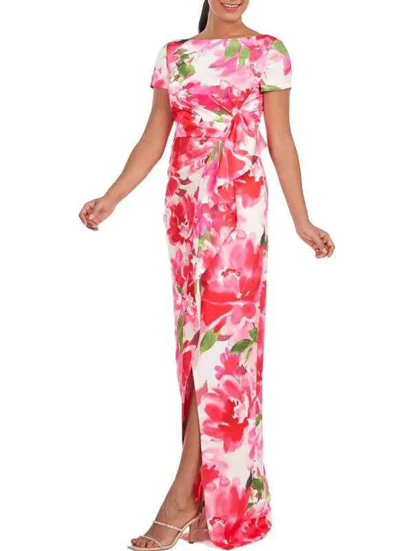 KAY UNGER Franca Floral Column Gown - Hibiscus