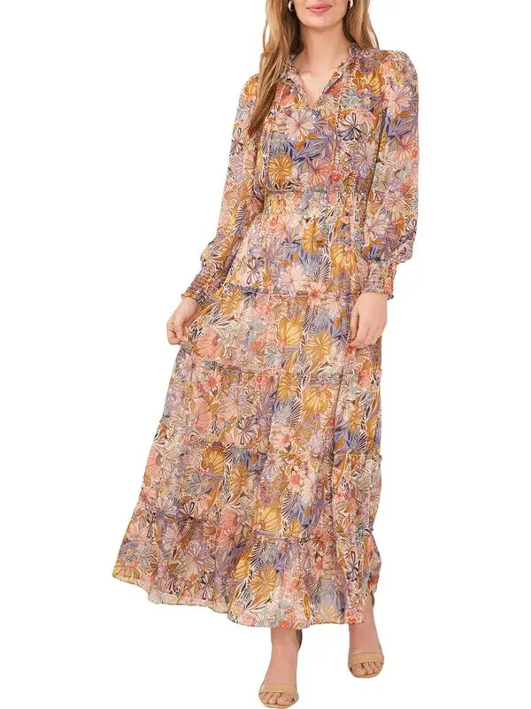 Chaus Floral Metallic Smocked Waist Tiered Midi Dress - Ivory/multi