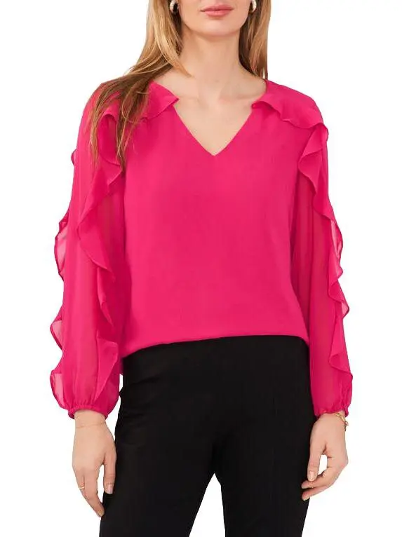 Chaus Ruffle Sleeve V-neck Blouse - Power Pink