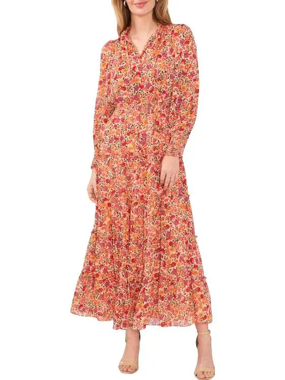 Chaus Floral Smocked Waist Tiered Midi Dress - Peach/multi