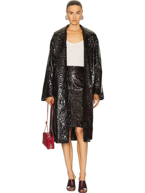 Bottega Veneta Croc Embossed Leather Coat - Henna