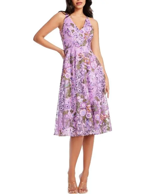 Dress The Population Elisa Floral Sequin Embroidered Cocktail Dress - Lavender Multi
