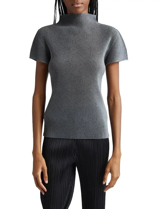 Issey Miyake Basics Pleated Funnel Neck Top - Light Gray