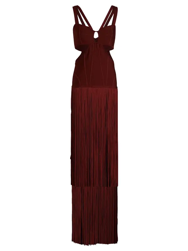 Herve Leger Cutout Fringed Bandage Gown - Chocolate