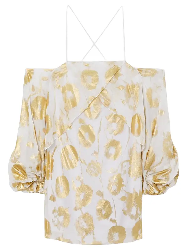 Halpern Cold-shoulder Metallic Floral-print Mini Dress - Gold