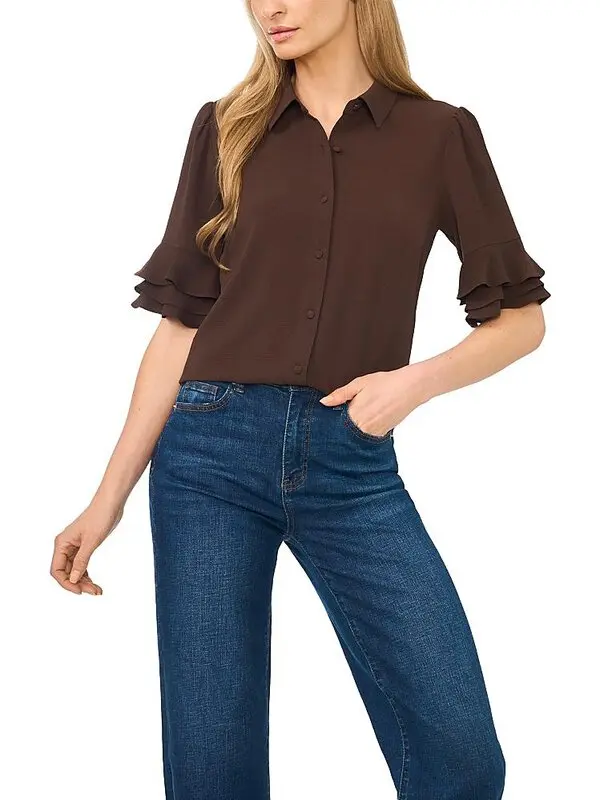 CECE DUPRAZ Collared Button Front Blouse - Coffee Bean