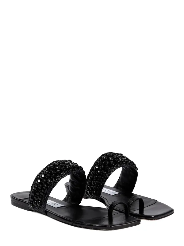 JIMMY CHOO Amoure Embellished Raffia Sandals - Black
