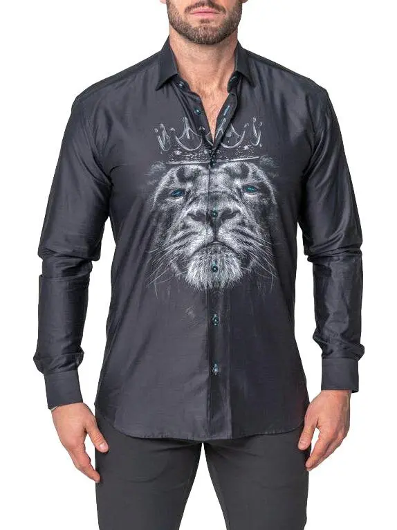 MACEOO Fibonacci Lion Crown Regular Fit Cotton Blend Button-up Shirt - Black