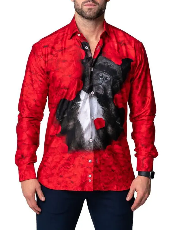 MACEOO Fibonacci Valentine's Dog Contemporary Fit Button-up Shirt - Red