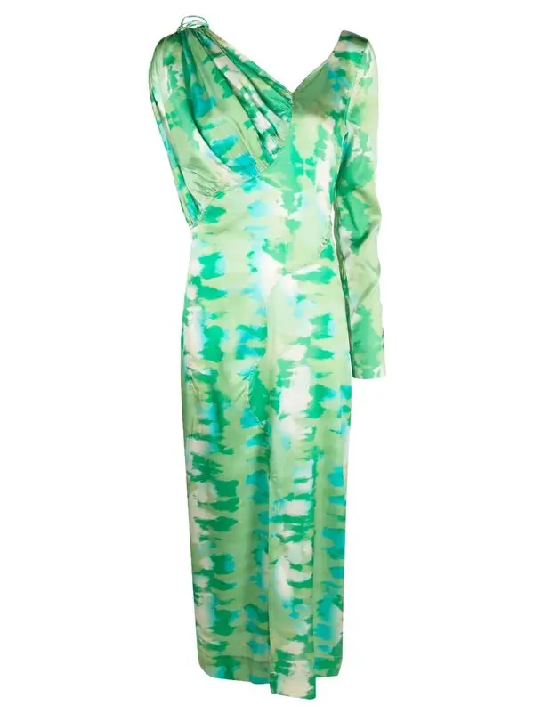 GANNI Printed Off-shoulder Silk Dress - Green