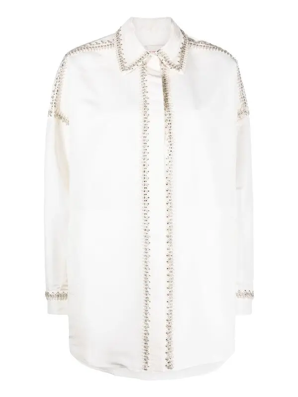Valentino Garavani Embellished-trim Long-sleeve Shirt - Neutrals