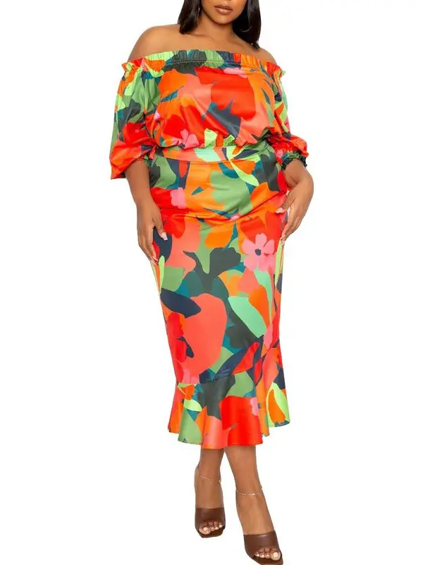BUXOM COUTURE Floral Fit & Flare Off-the-shoulder Dress - Orange Multi