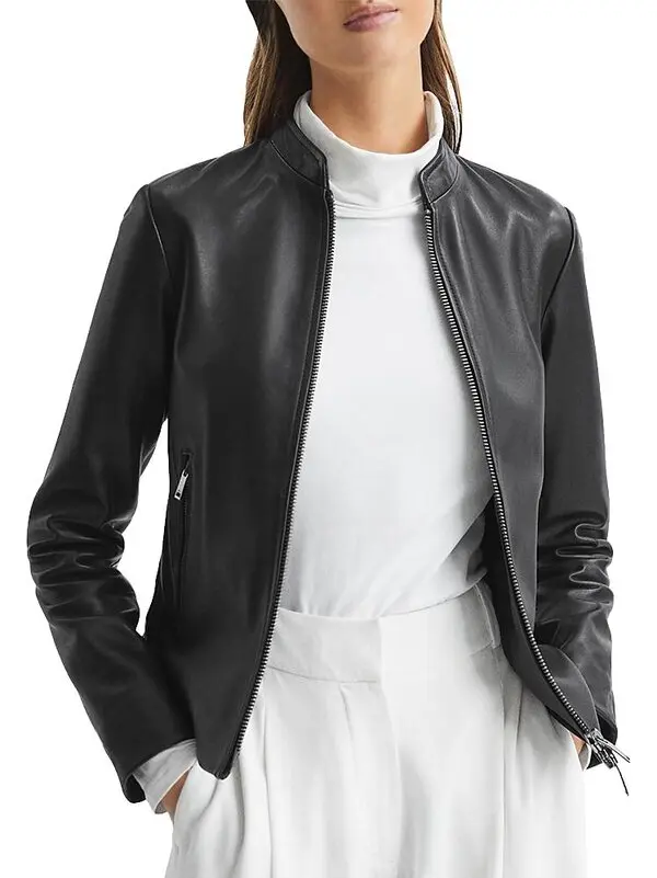 REISS Allie Leather Biker Jacket - Black