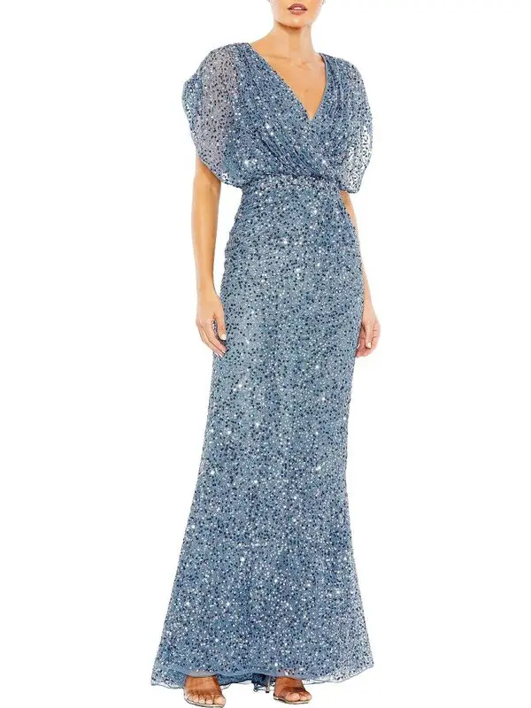 Mac Duggal Evening Metallic Blouson Gown - Slate Blue