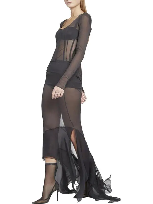 Dolce & Gabbana Long-sleeve Sheer Corset Maxi Dress - Dk Grey
