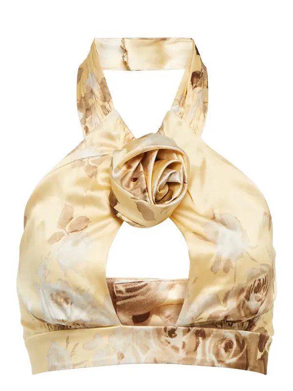 Alessandra Rich Floral Silk Satin Crop Top - Neutrals