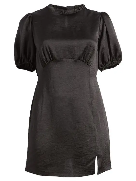 Asos Satin A-line Dress With Ruffle Neck And Puff Sleeves - Black