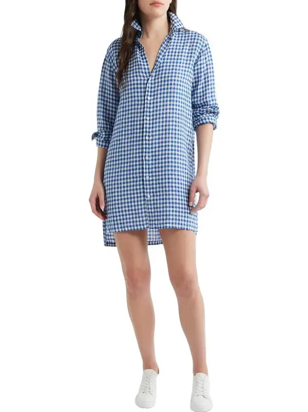 Frank & Eileen Hunter Stripe Step Hem Linen & Cotton Shirtdress - Blue Check