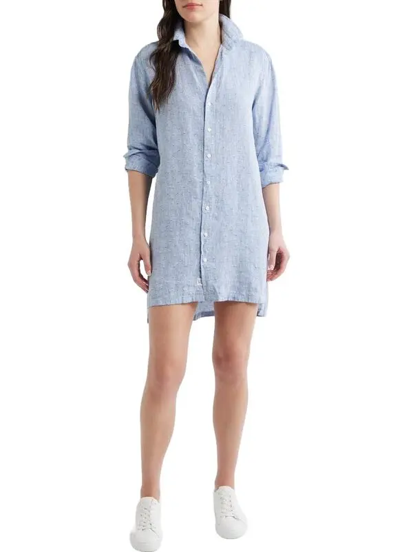 Frank & Eileen Hunter Stripe Step Hem Linen & Cotton Shirtdress - Blue Linen Hearts
