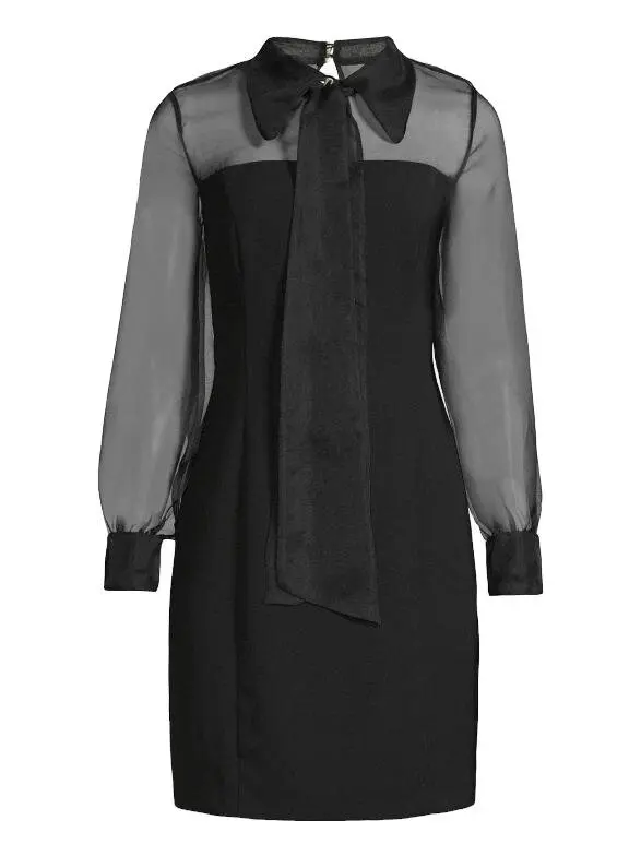 Shani Silk Organza Mixed Media Collared Minidress - Black