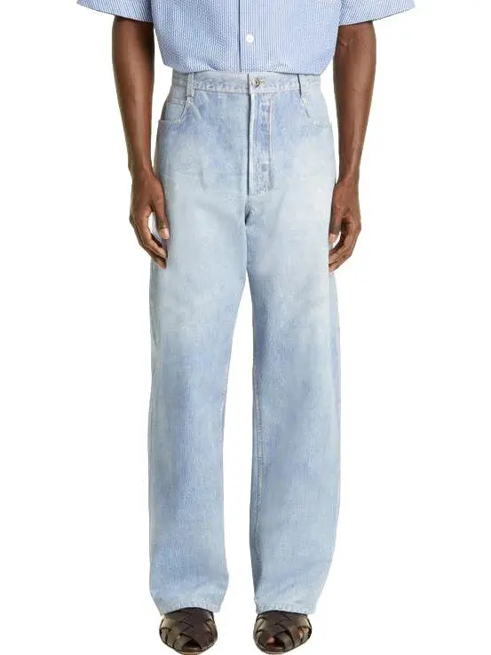 Bottega Veneta Denim Print Wide Leg Leather Jeans - Light Blue