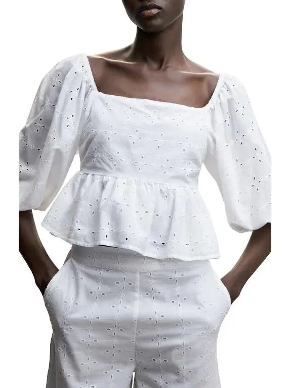 Mango Eyelet Peplum Blouse With Puff Sleeves - White