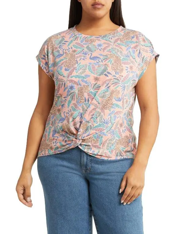 Wit & Wisdom Floral Twist Hem Top - Dusty Papaya Multi