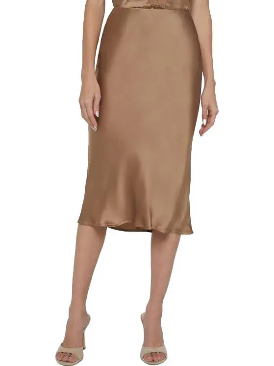 L'Agence Perin Bias Cut Silk Satin Midi Skirt - Dark Cappu