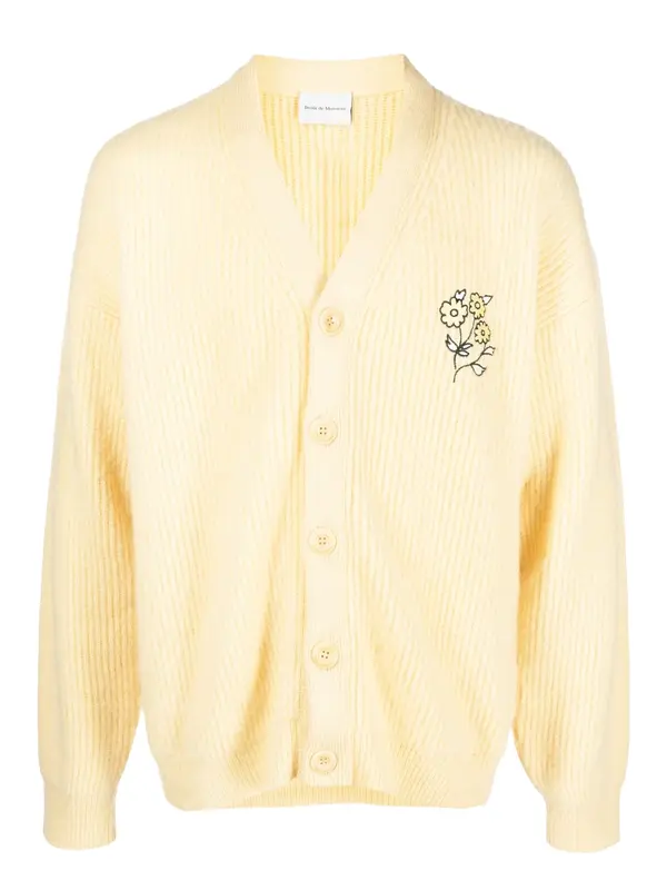 Drole De Monsieur Ribbed Cardigan With Floral Embroidery - Yellow