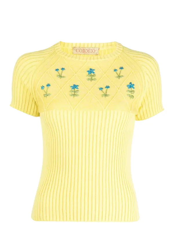 CORMIO Flower-embroidered Knit T-shirt - Yellow