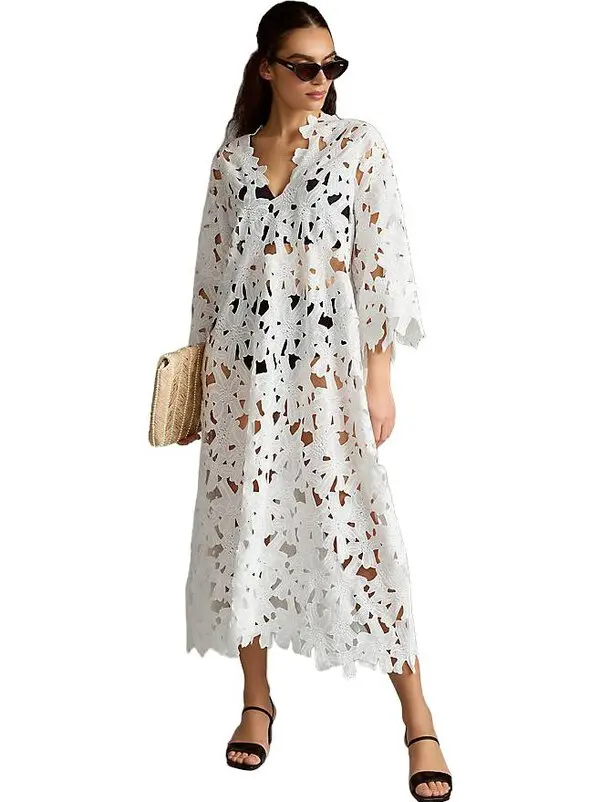 Anthropologie Floral Eyelet Kaftan - Ivory