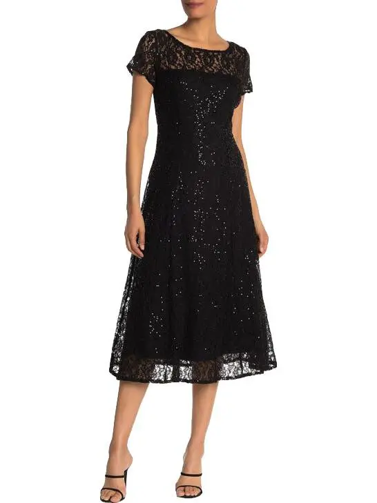 SL FASHIONS Sequin Lace Midi Fit & Flare Dress - Blk