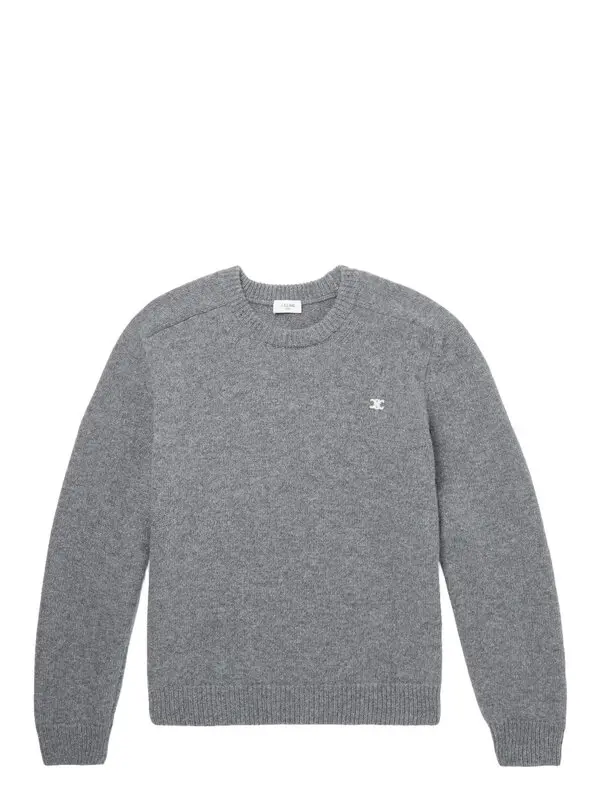 Celine Logo-embroidered Wool And Cashmere-blend Sweater - Gray