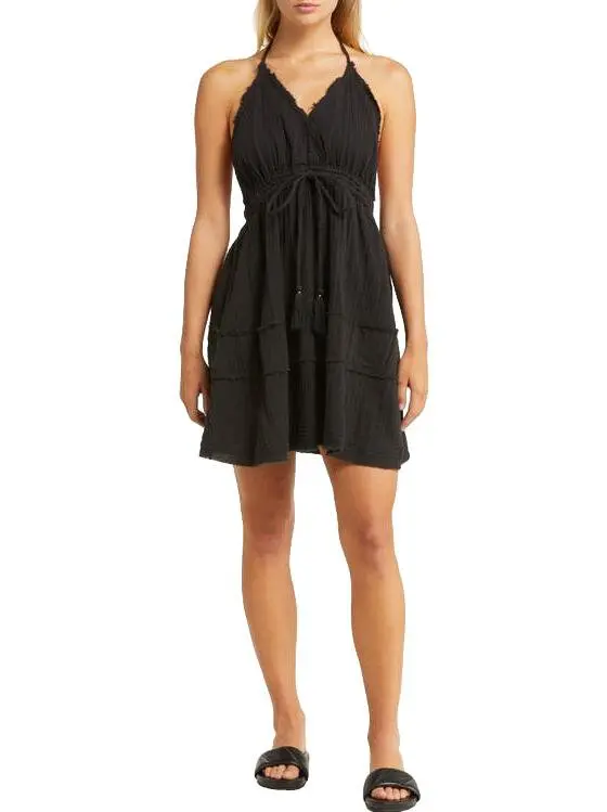Elan Raw Edge Halter Cotton Cover-up Dress - Black
