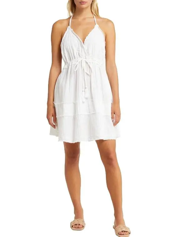 Elan Raw Edge Halter Cotton Cover-up Dress - White