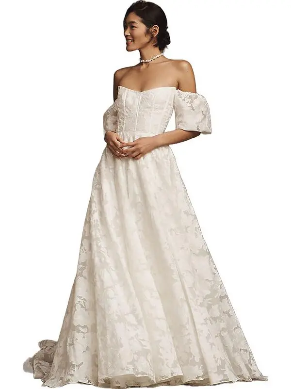 Jenny Yoo Off-the-shoulder Floral Lace Ball-skirt Wedding Gown - Ivory