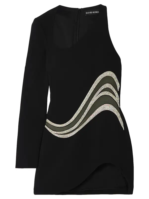 David Koma One-sleeve Crystal-embellished Mini Dress - Black