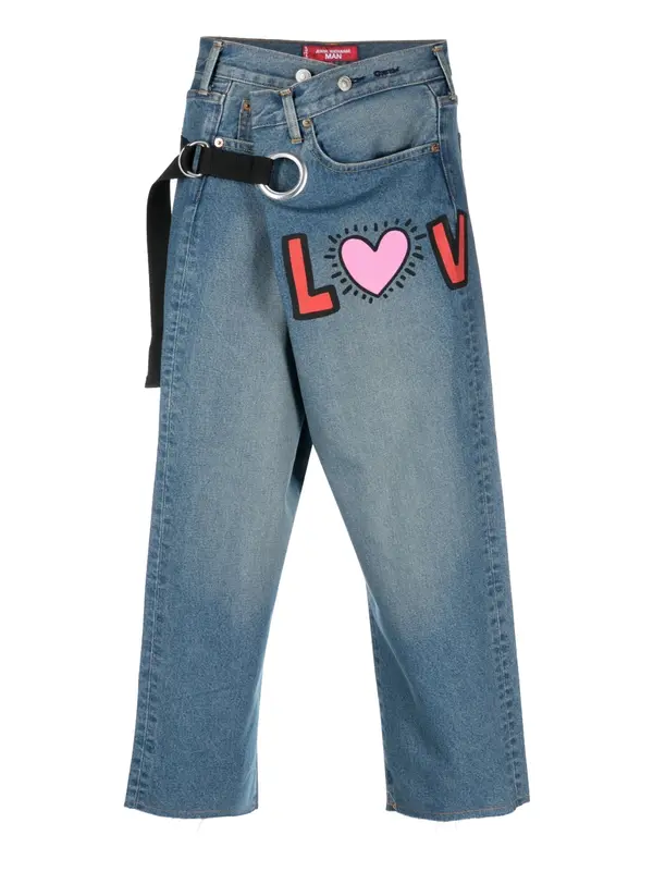 Junya Watanabe Graphic-print Cropped Denim Trousers - Blue