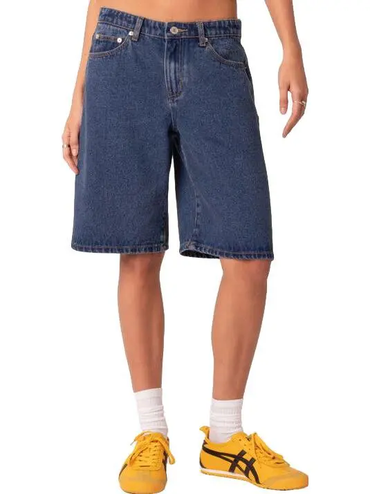 EDIKTED Oversized Low Rise Denim Bermuda Shorts - Blue