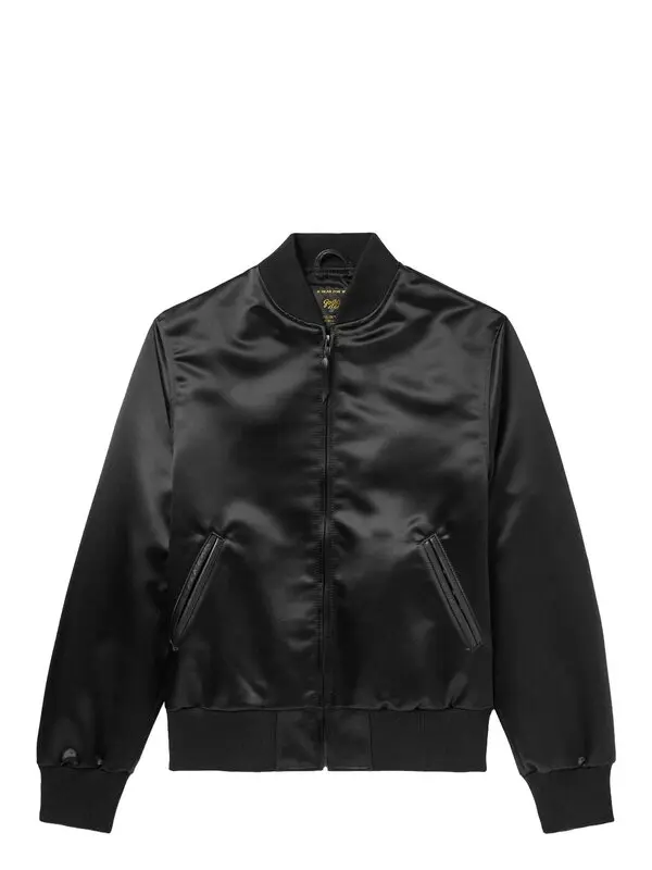 Golden Bear Sukajan Leather-trimmed Satin Bomber Jacket - Black