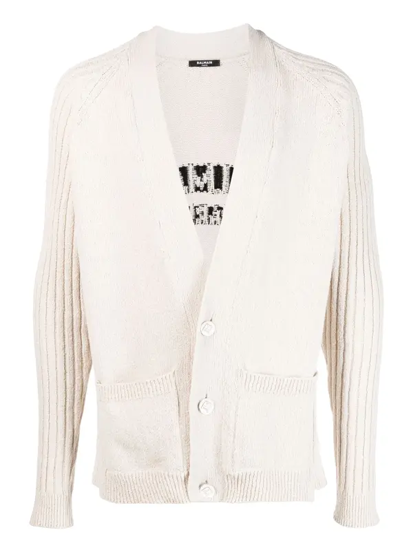 Balmain Intarsia-logo Button-up Cardigan - Neutrals